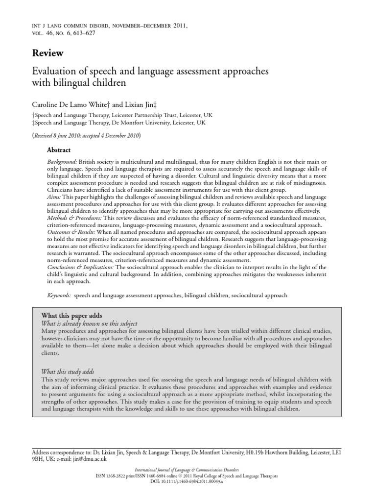 Evaluation of Speech and Language Assessment Approaches With Bilingual ...