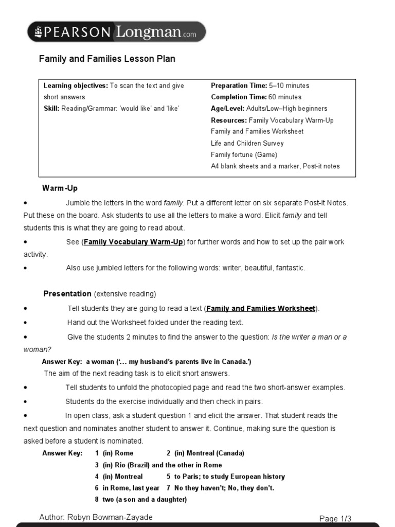 Family and Families Lesson Plan | PDF | Question | Communication