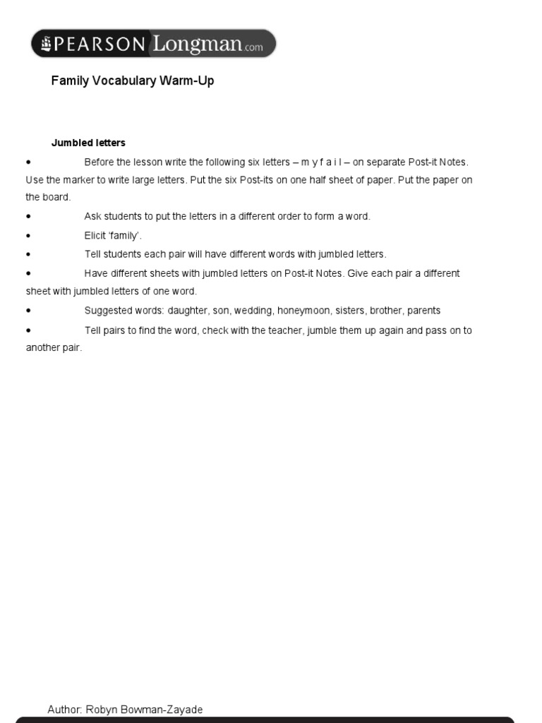 Family Vocabulary Warm Up | PDF