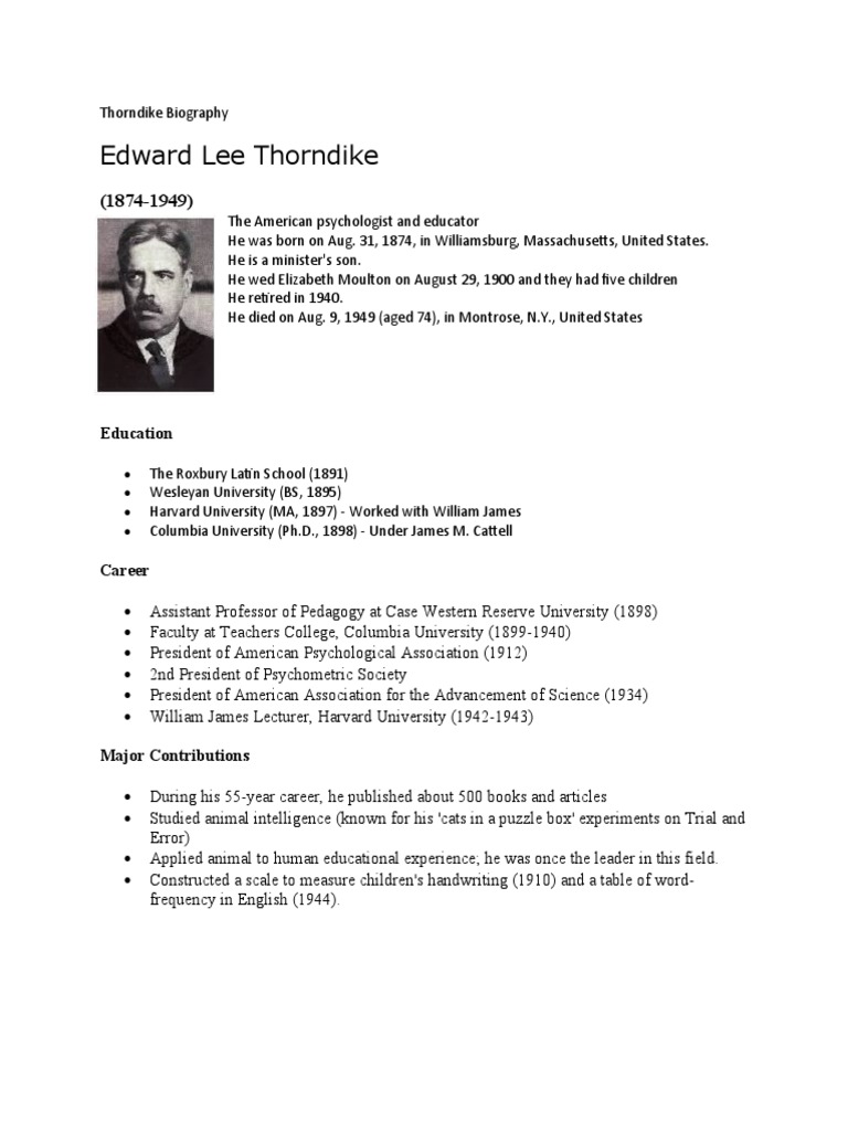 Edward Lee Thorndike: Education | PDF | Psychology | Psychological Schools