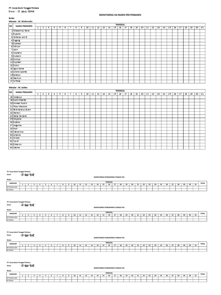 Form Monitoring Ha Per Pemanen Oleh Mandor | PDF