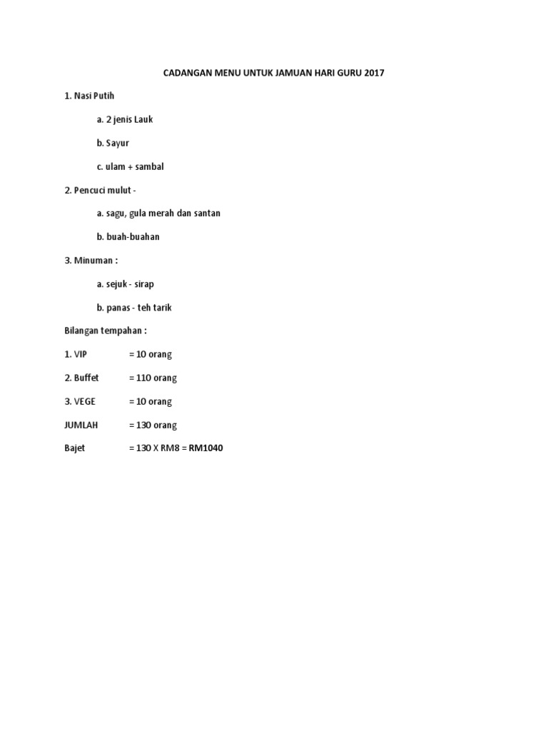 Cadangan Menu Untutk Jamuan Hari Guru 2017 | PDF