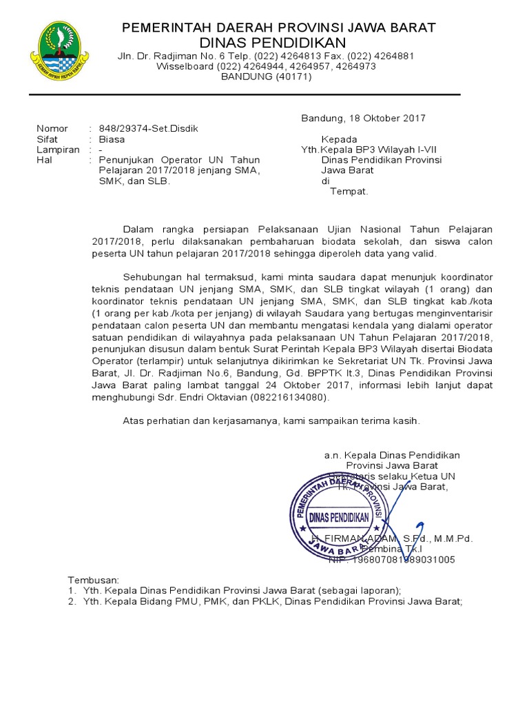 Surat Pendataan Operator Un (Bp3 Wil) | PDF