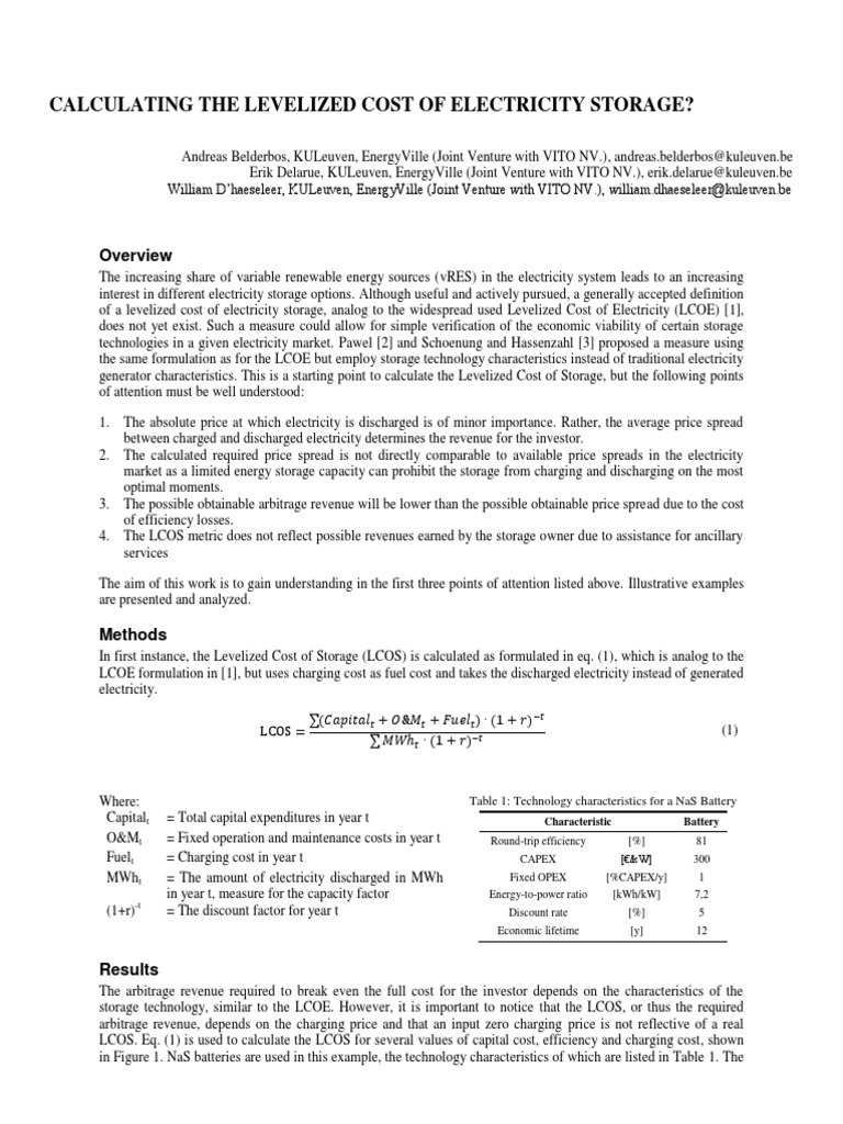Calculating The Levelized Cost of Electricity Storage (Lcos) | PDF ...