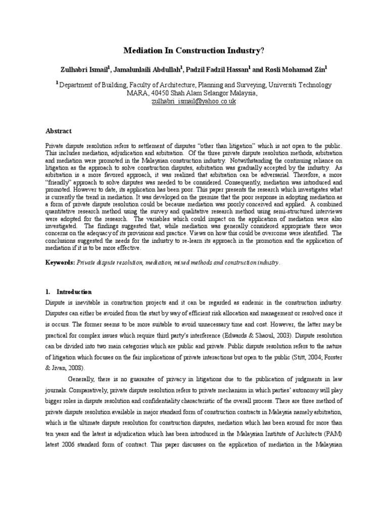Mediation in Construction Industry | PDF | Mediation | Dispute Resolution