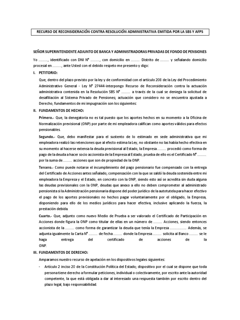 Recurso de Reconsideración Contra Resolución Administrativa Emitida Por ...