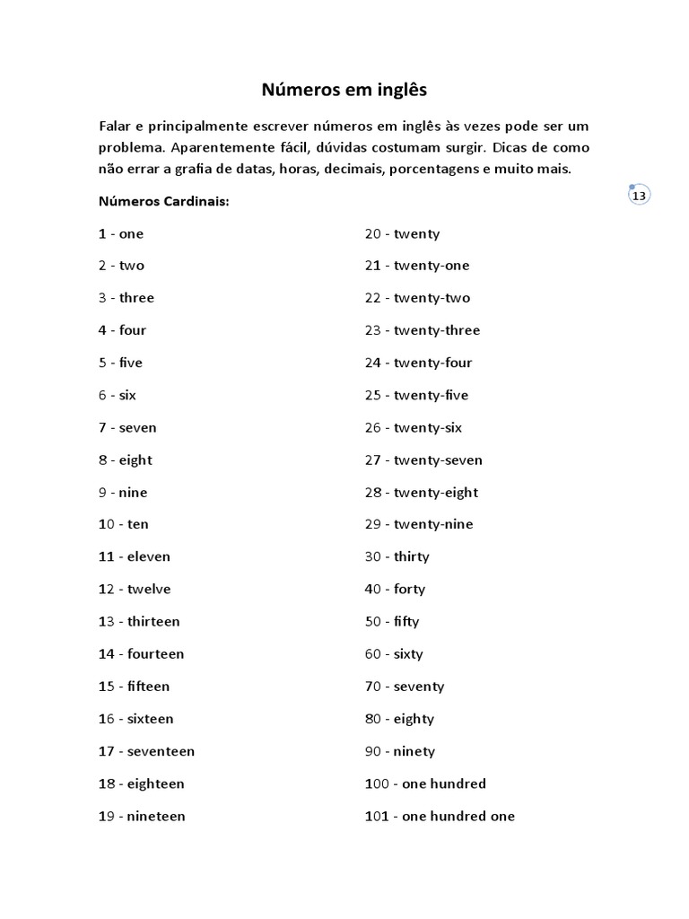Números em Inglês: Guia Completo | PDF | Foot (Unit) | Units Of Measurement
