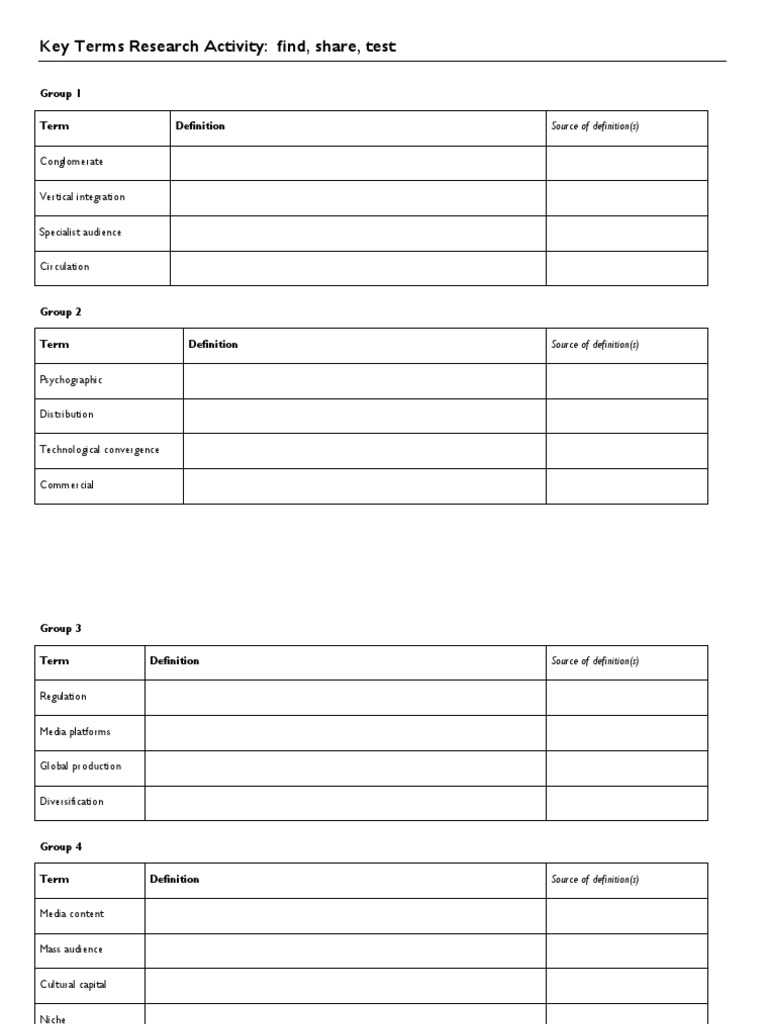 Key Terms Research Activity: Find, Share, Test: Group 1 Term | PDF