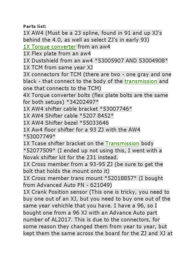 AW4 Transmission Swap Parts List and Wiring Guide for Jeep ZJ | PDF ...