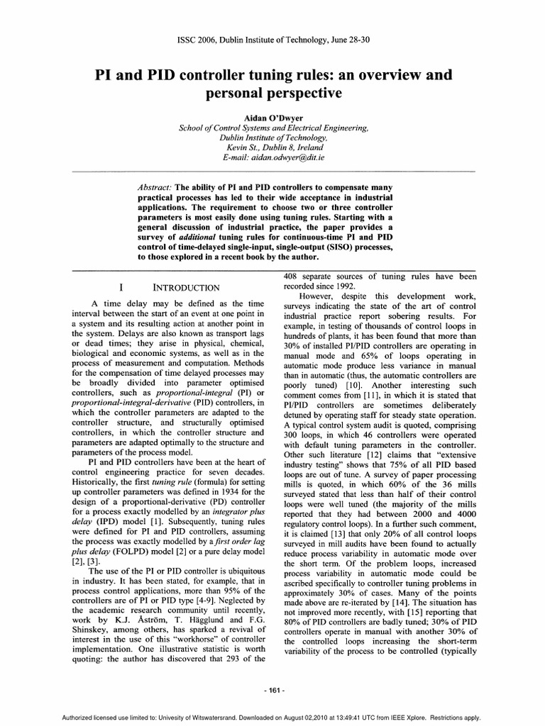 PI and PID Controller Tuning Rules - Overview & Personal Perspective - O'Dwyer | PDF | Control ...