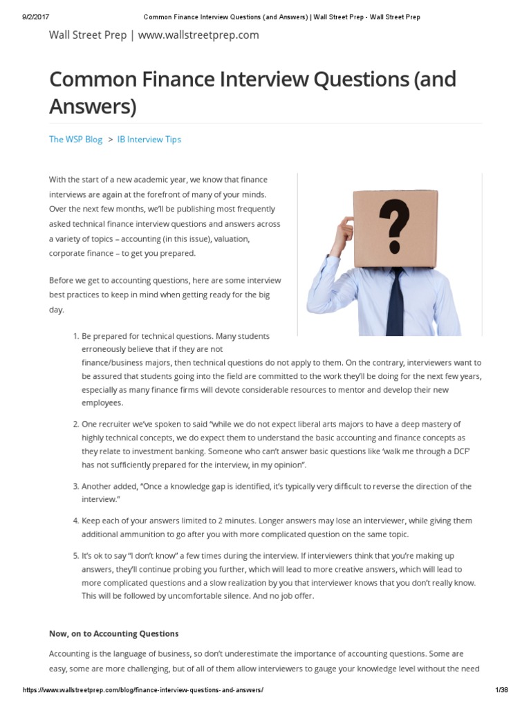 Finance Interview Questions (and Answers) _ Wall Street Prep - Wall ...
