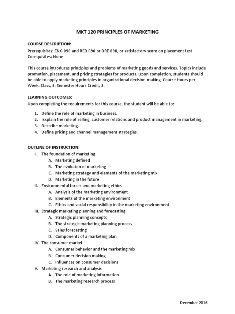 MKT 120 Principles of Marketing: Course Description | Download Free PDF ...