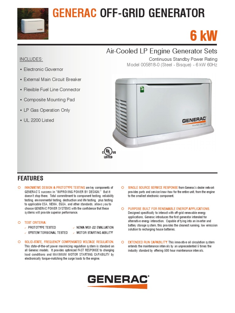 6kW Off Grid Spec Sheet 061610 | PDF | Engines | Electric Generator