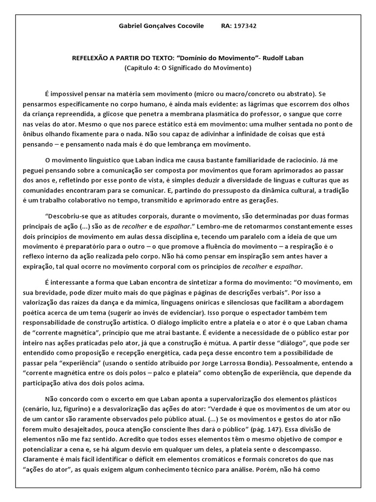 Reflexão - Domínio Do Movimento (Rudolf Laban) | PDF | Ator | Pensamento