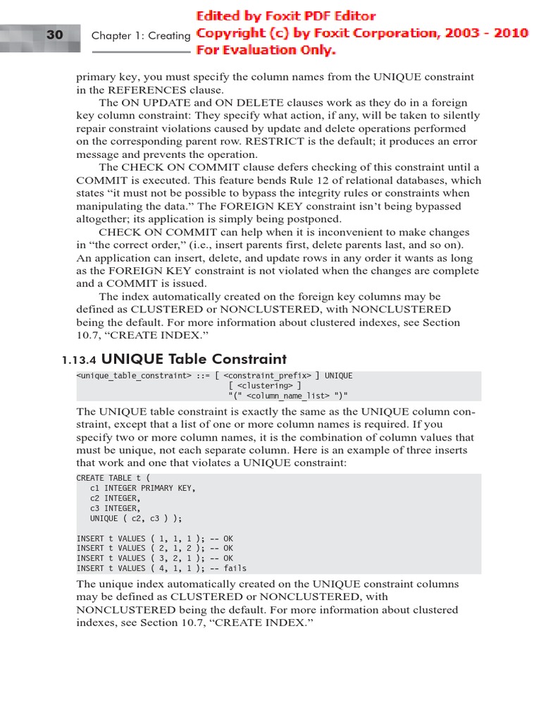 UNIQUE Table Constraint: Chapter 1: Creating | PDF | Relational Database | Database Index