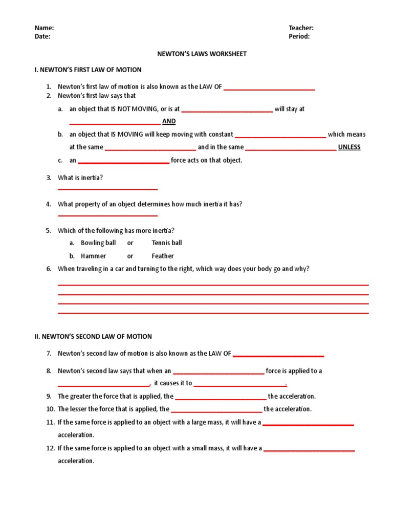 Newtons Laws Worksheet | PDF | Force | Mass