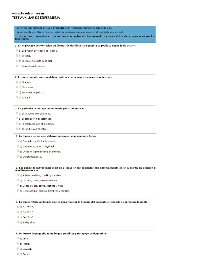 Test Auxiliar De Enfermería 1 Pdf Pdf