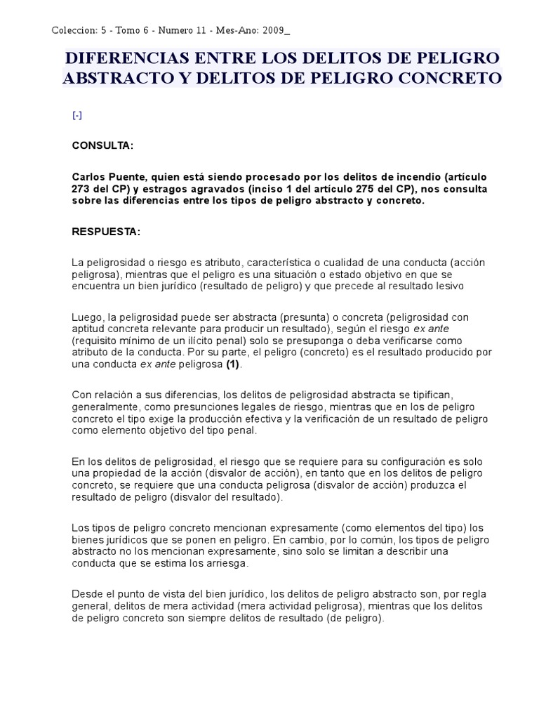 Diferencias Entre Los Delitos de Peligro Abstracto y Delitos de Peligro Concreto | PDF | Delito ...