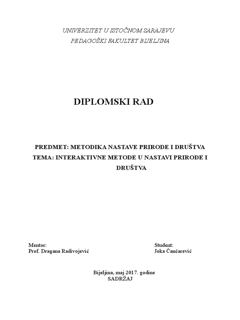 Diplomski Rad: Univerzitet U Istočnom Sarajevu Pedagoški Fakultet ...