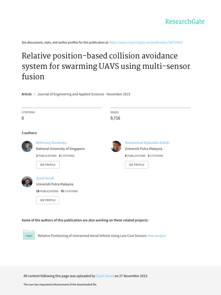 Relative Position-Based Collision Avoidance System For Swarming UAVS Using Multi-Sensor Fusion ...