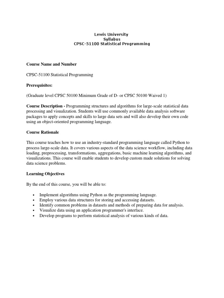 Course Name And Number Lewis University Syllabus Cpsc 51100 Statistical Programming Pdf 5817