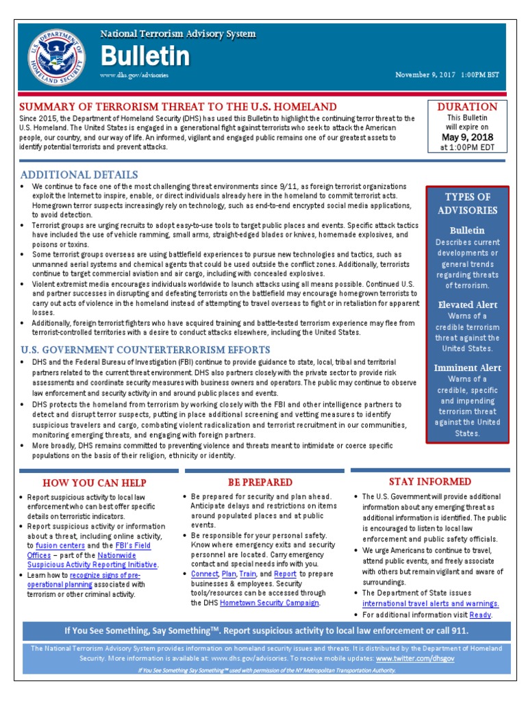 17 1109 NTAS Bulletin | PDF | United States Department Of Homeland ...