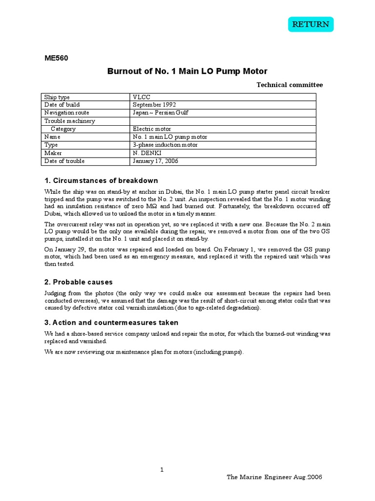 Burnout of No. 1 Main LO Pump Motor: Return | PDF | Electrical ...
