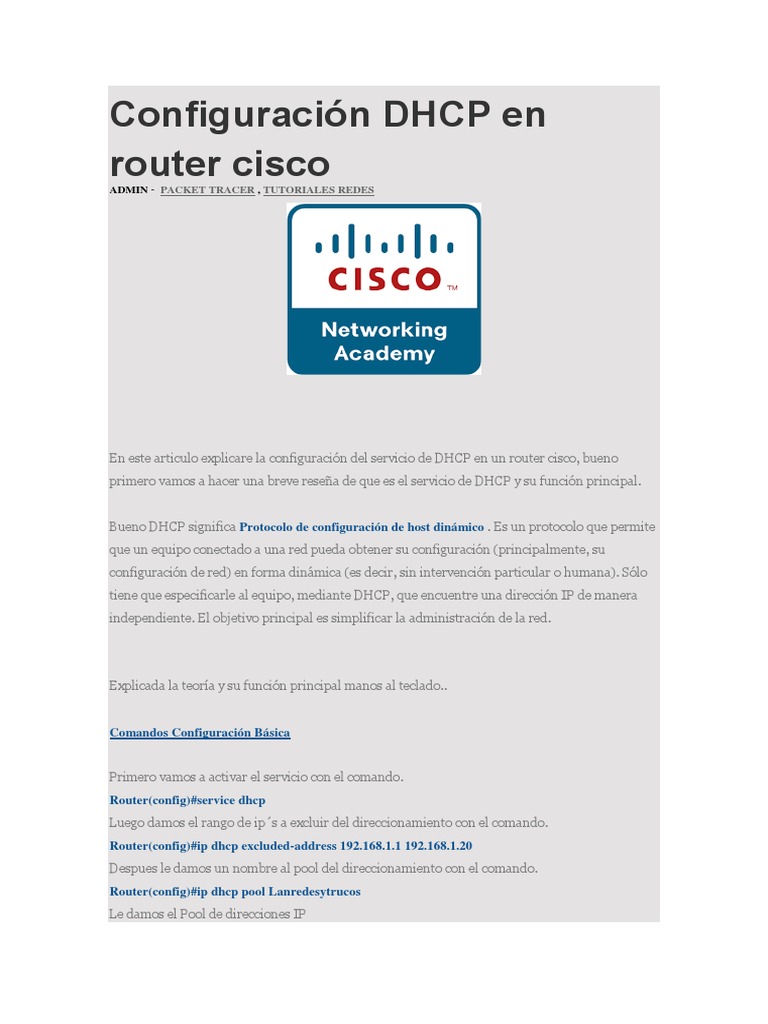 Configuración DHCP en Router Cisco | PDF | Archivo de computadora | Dirección IP