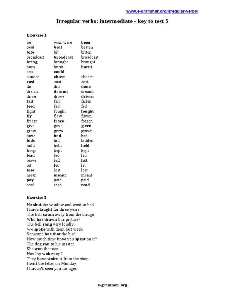 Irregular Verbs Intermediate Exercises | PDF | Language Arts ...