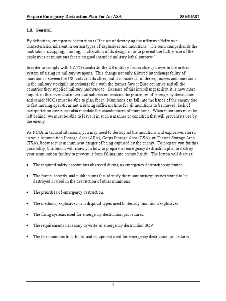 Prepare Emergency Destruction Plan For An ASA 55B40A07 1.0. General ...