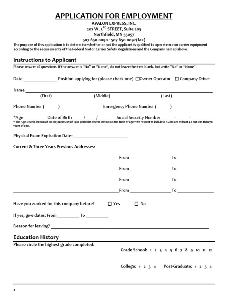 Truck Driver Employment Application Form | PDF | Drug Test | Test ...