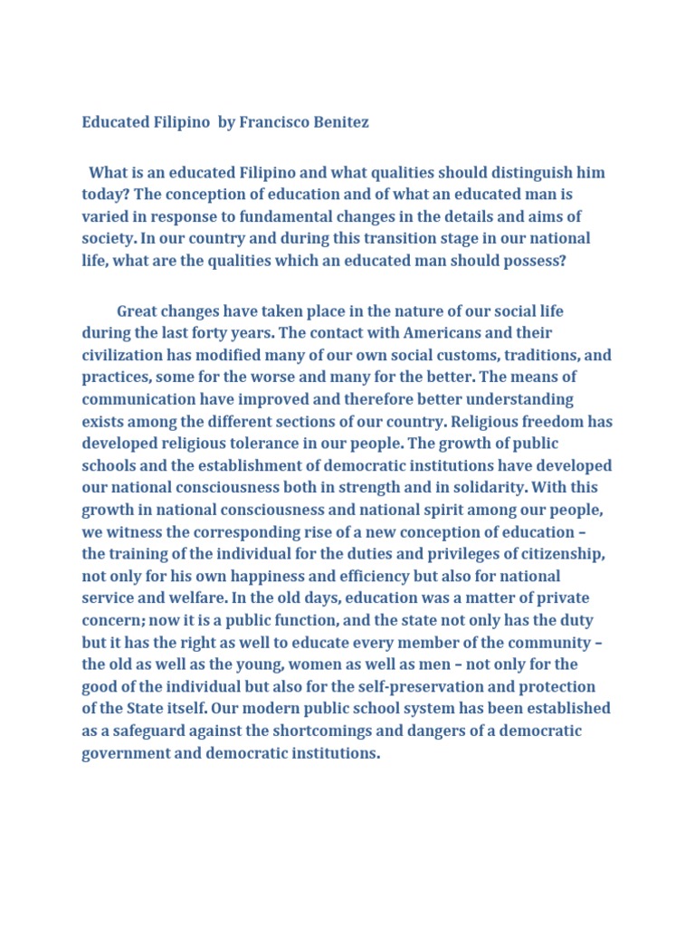 Educated Filipino by Francisco Benitez | PDF | Citizenship | Consciousness