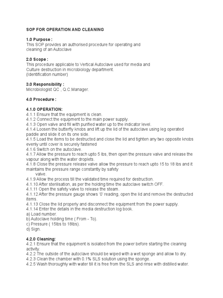 SOP FOR OPERATION AND CLEANING Autoclave | PDF | Home & Garden ...