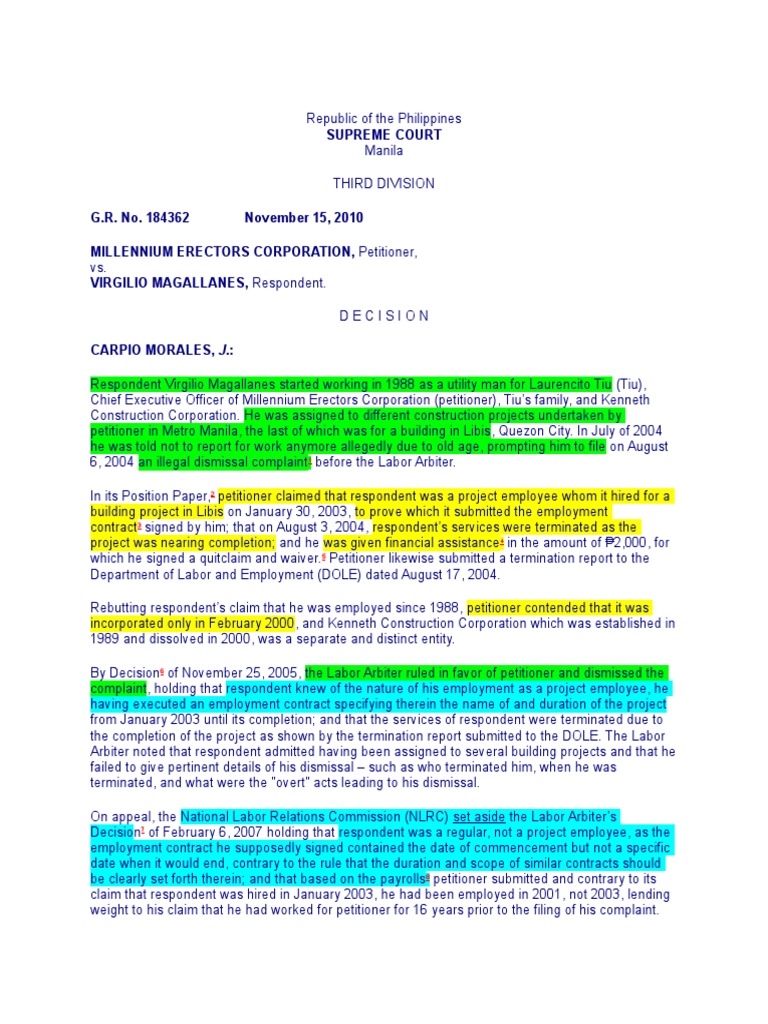 Millenium Erectors Vs Magallanes | PDF | Pleading | Employment