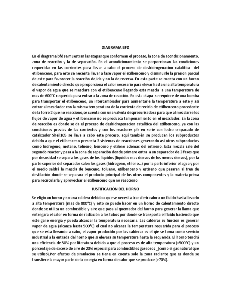 Diagrama BFD y Horno | PDF | Catálisis | Temperatura