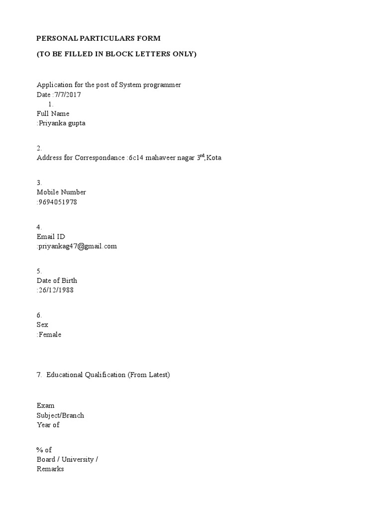 Personal Particulars Form Chennai | PDF