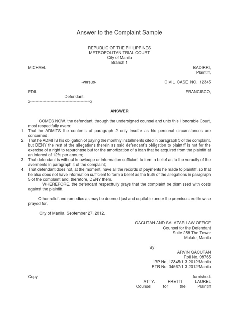 Answer To The Complaint Sample | PDF | Complaint | Lawsuit