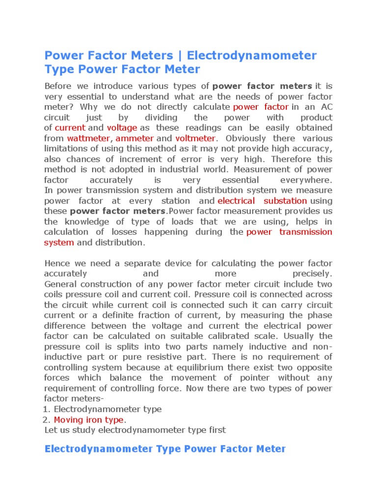 Power Factor Meters - Electrodynamometer Type Power Factor Meter | PDF ...