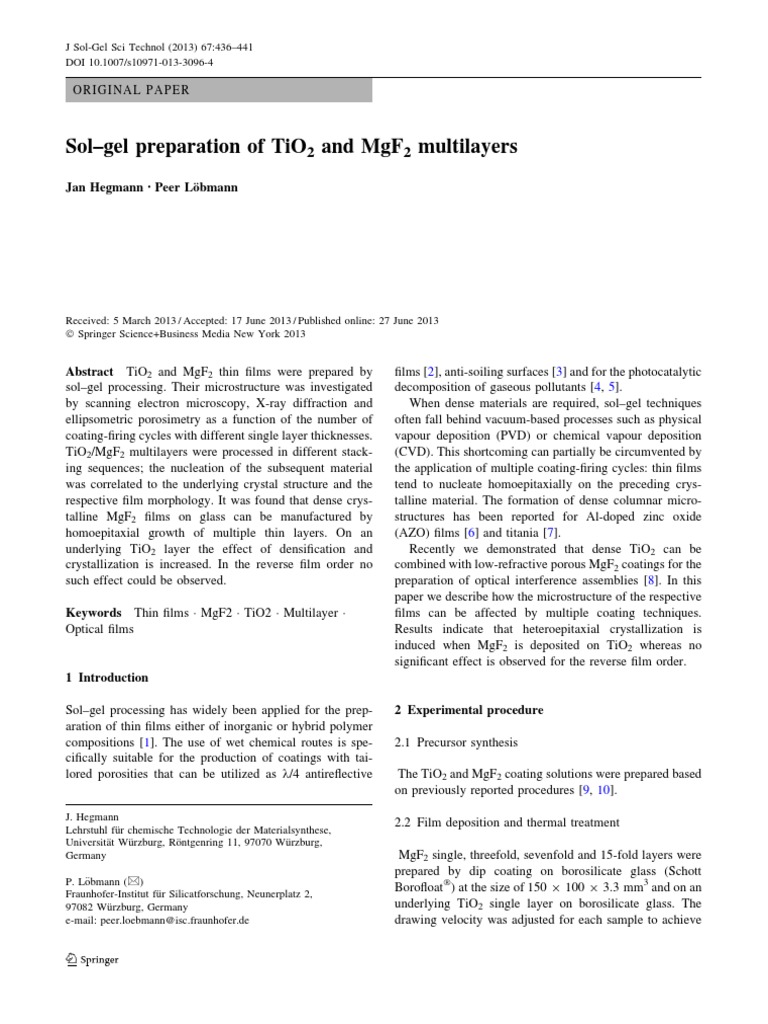 Sol Gel Preparation Of Tio2 And Mgf2 Multilayers 2013 Journal Of Sol