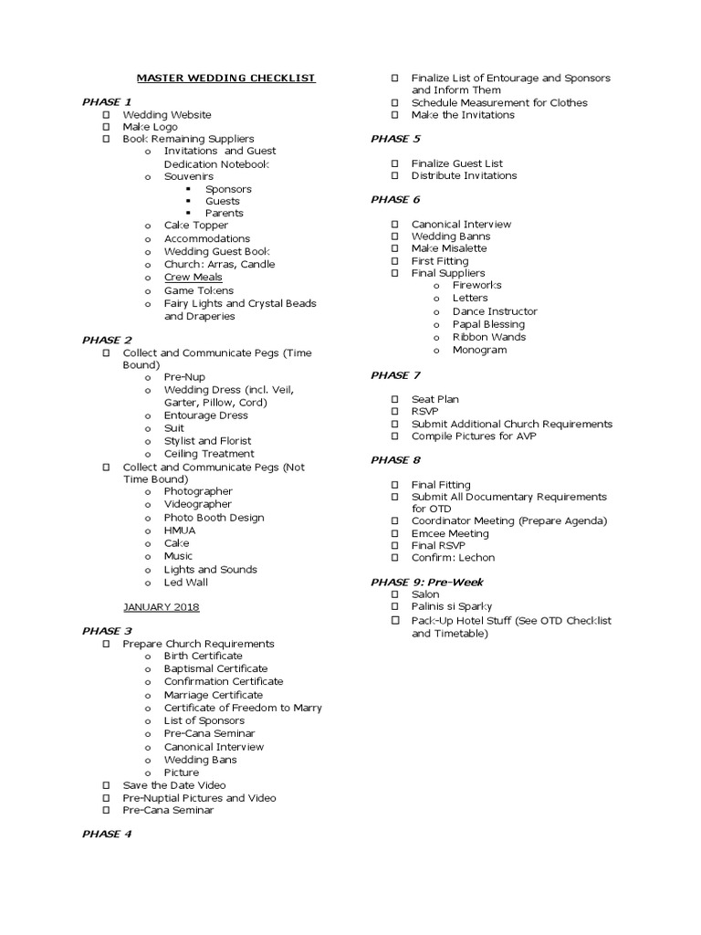 Master Wedding Checklist (After Major Suppliers Booked) | PDF | Wedding ...