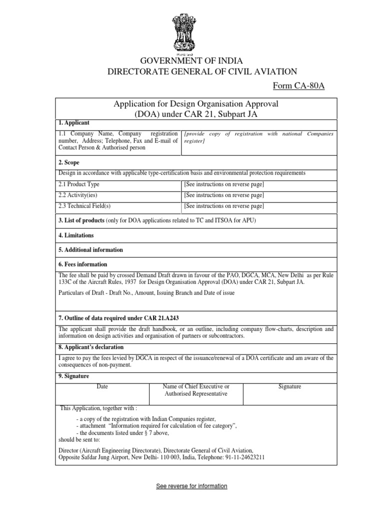 Government of India Directorate General of Civil Aviation Form CA-80A ...