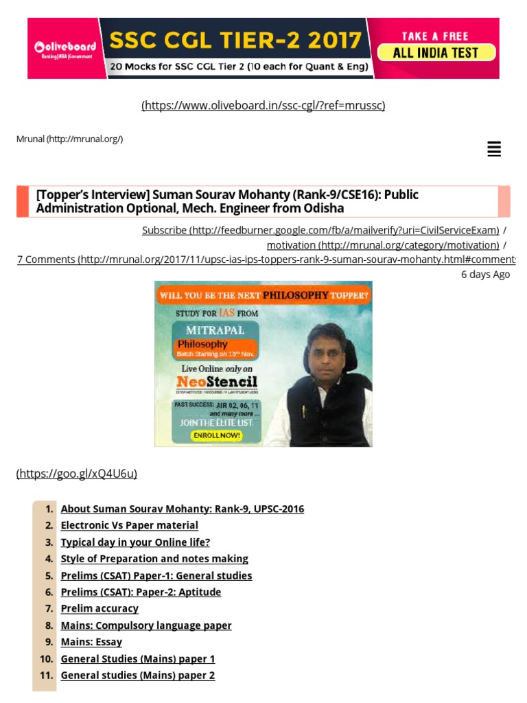 (Topper Interview) IAS Rank-9 - Suman Sourav Mohanty PubAd, Mech | PDF ...