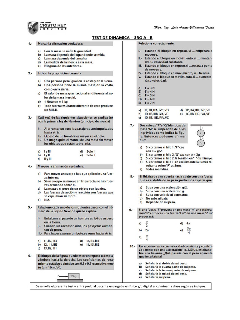 Test de Dinámica para 3ro A-B | PDF