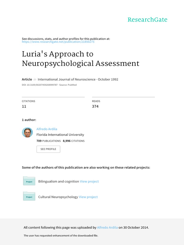 Luria's Neuropsychological Assessment Method | PDF | Neuropsychological ...