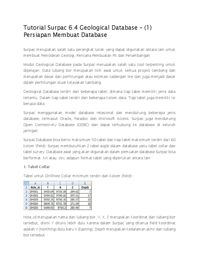 Tutorial Surpac 6.4 Geological Database - (1) Persiapan Membuat Database | PDF