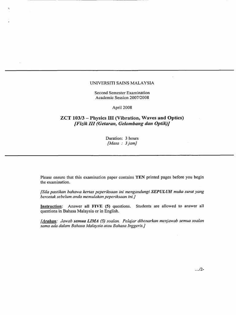 Zat 103-3 - Physic III (Vibration Waves and Optics) April 08 | PDF | Wavelength | Waves