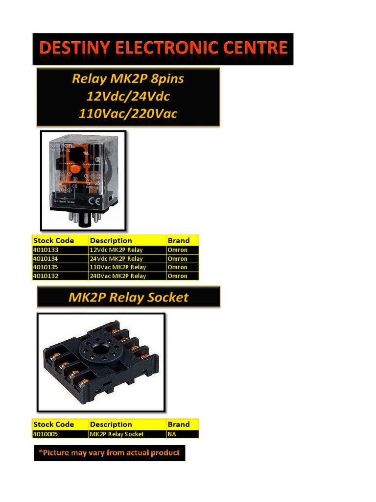 Relay MK2P 8pins 12Vdc/24Vdc 110Vac/220Vac: Stock Code Description ...