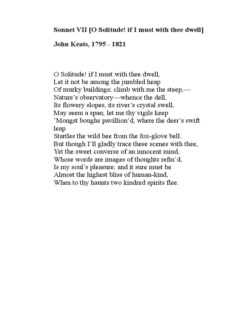 Sonnet VII - O Solitude! If I Must With Thee Dwell | PDF | Stanzaic ...
