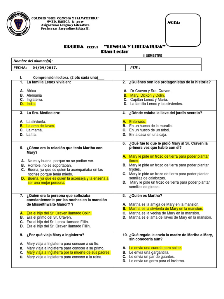 El Jardín Secreto, Respuestas | PDF