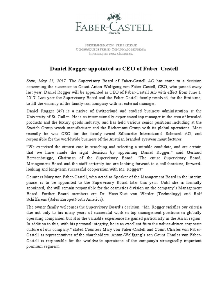 Daniel Rogger-Appointed As CEO of Faber-Castell | PDF | Leadership ...